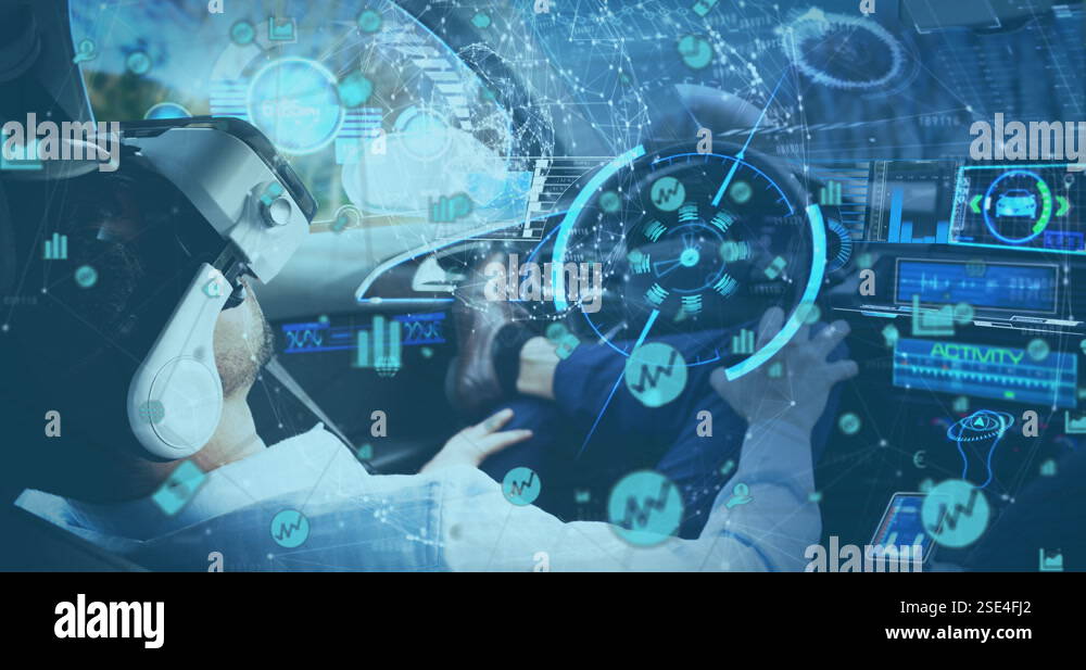 Animation of interface and information displays with man in vr headset ...