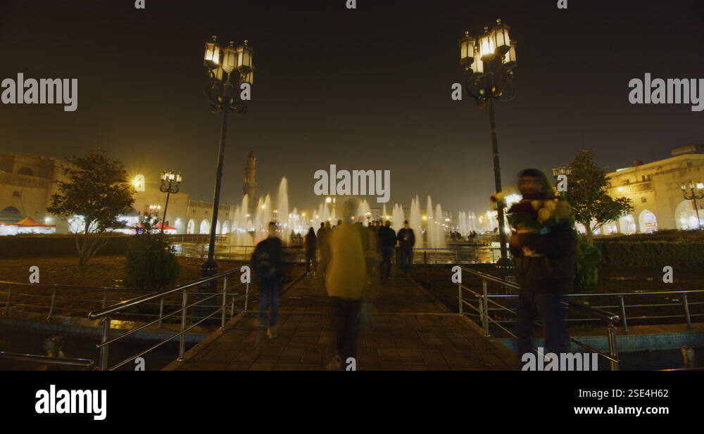 Time Lapse of The Castle Fountains And Gardens At Night in Erbil, Iraq ...