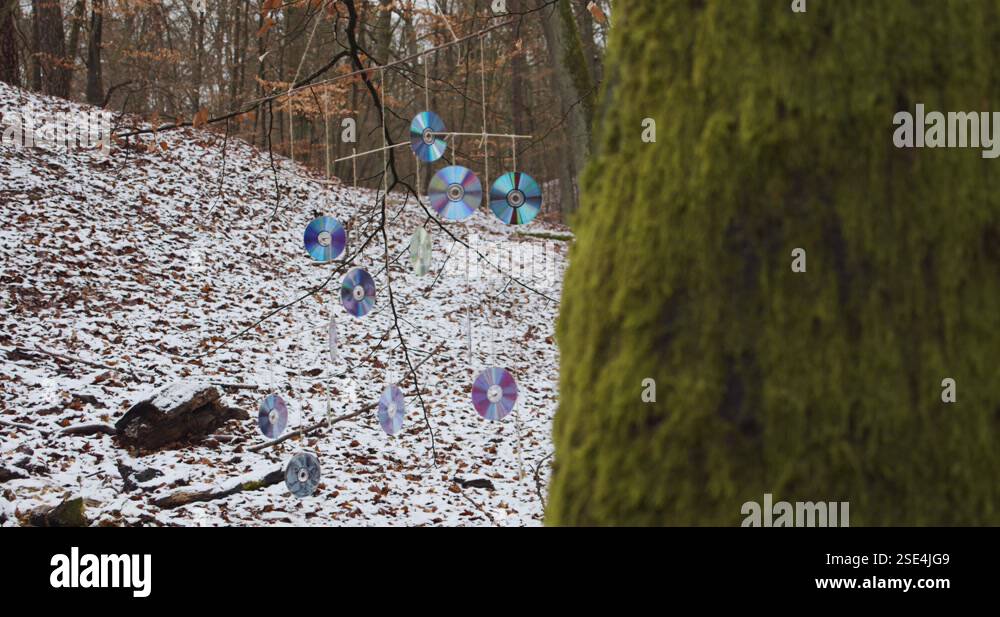 Shot of a hanging mobile made from CDs located in winter woodland, snow ...