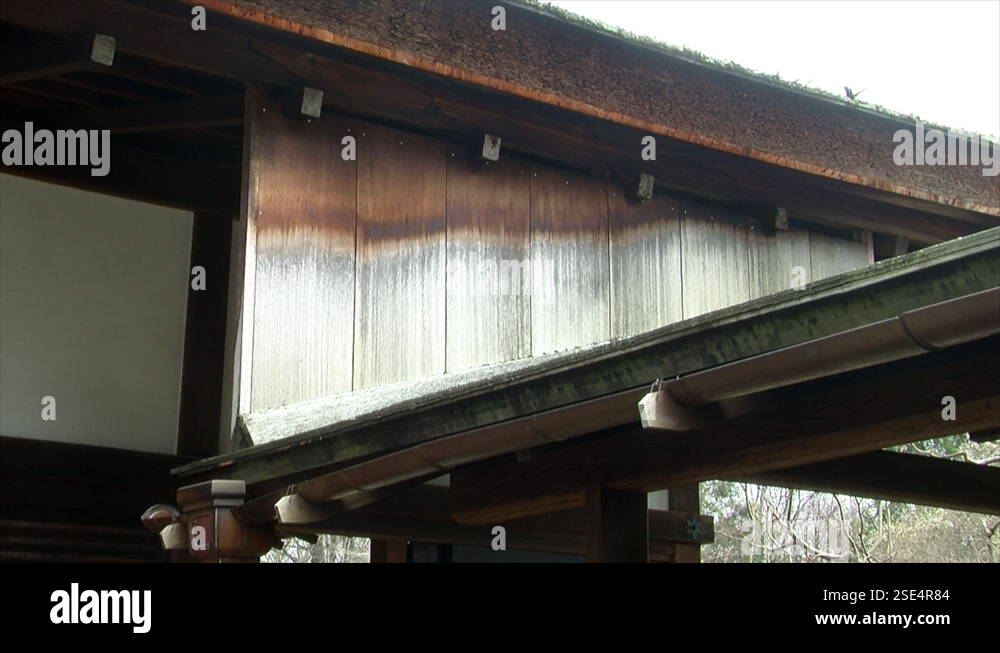 Roof and copper gutter of Japanese house with weathered hinoki wood ...
