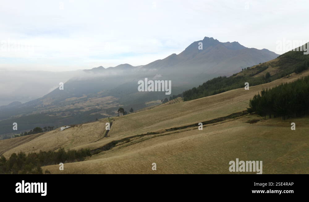 Aerial Mountain landscape. Fog mist over forest, mountain peaks in ...
