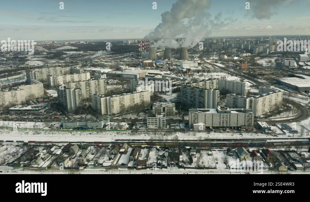 Aerial view of a power plant in the northern part of Moscow, Russia ...