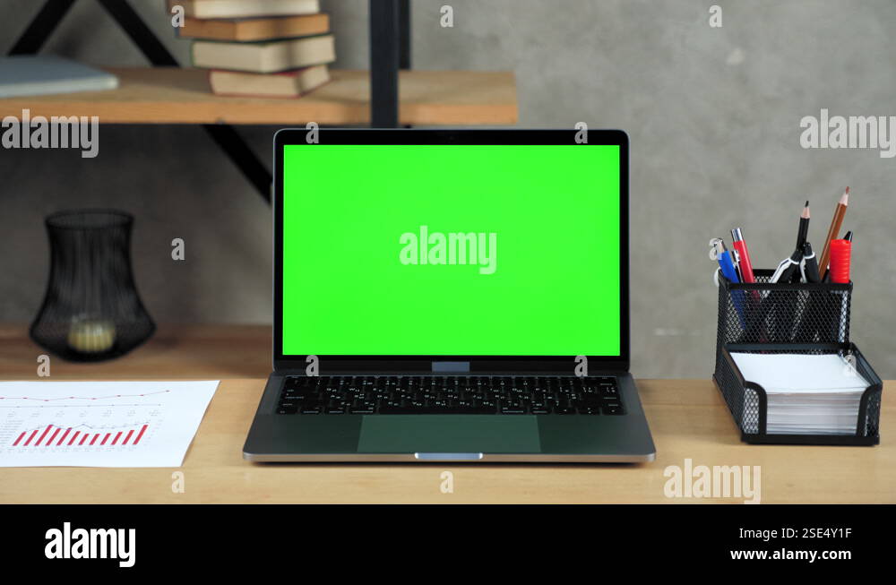 Close up modern laptop computer display mock up chroma key green screen ...