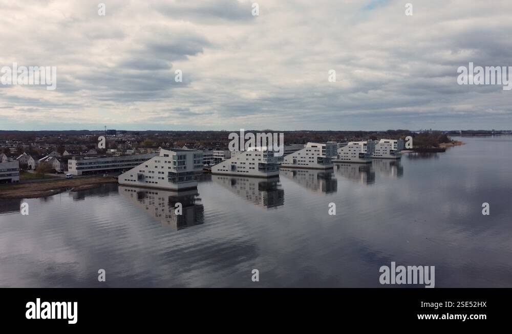 sphinx houses at lake Gooimeer in Huizen, the Netherlands, Aerial Stock ...