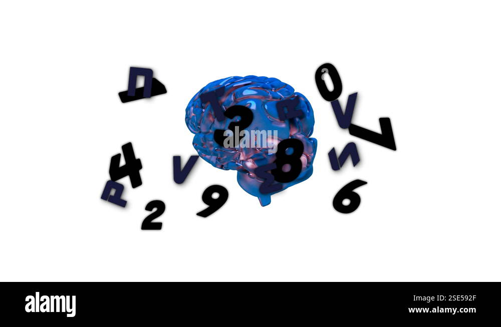 Multiple numbers and alphabets floating against human brain spinning on ...