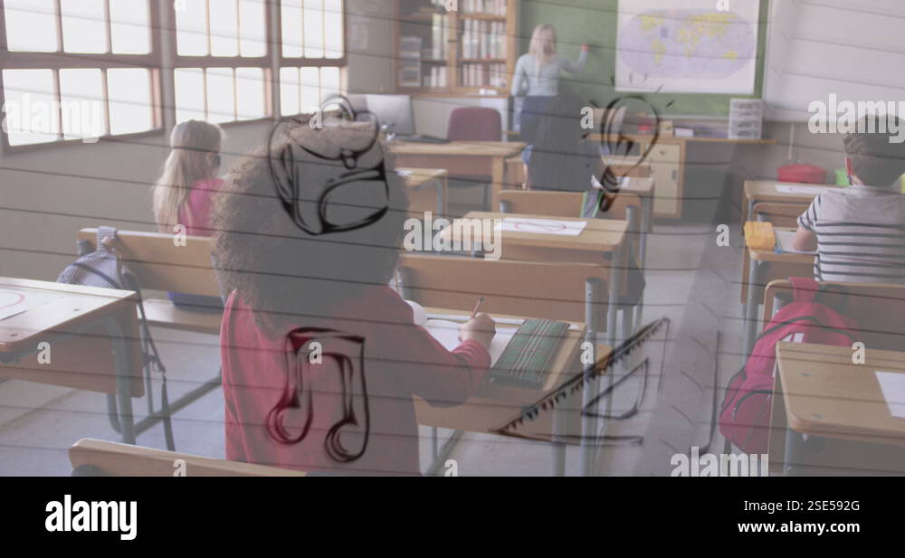 Multiple school concept icons floating against female teacher teaching ...