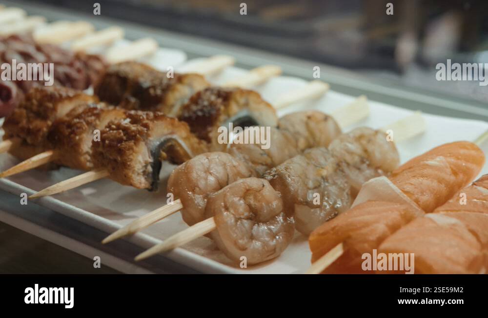 Traditional Japanese yakitori food plate close up, fish seafood Stock ...