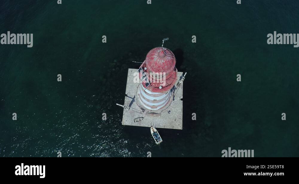 White Shoal Light House Lake Michigan Summer Blue Sky Flyover Drone ...