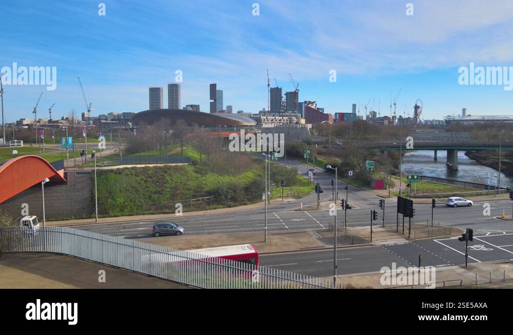 STARTFORD CITYSCAPE WITH BUSY TRAFFIC INFRONT OF ELISABETH OLYMPIC PARK ...