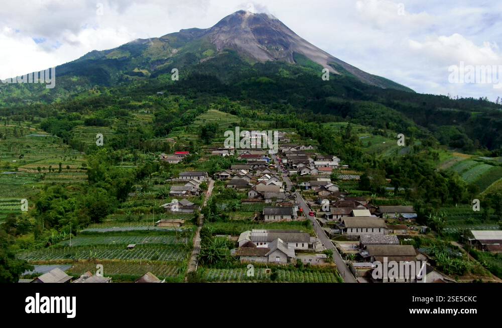 Scenic aerial view of exotic Stabelan village at foot of Mount Merapi ...