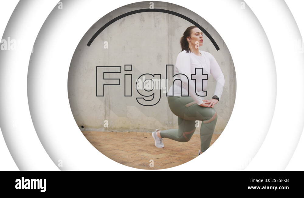 Animation of fight text in black circle outline over woman stretching ...