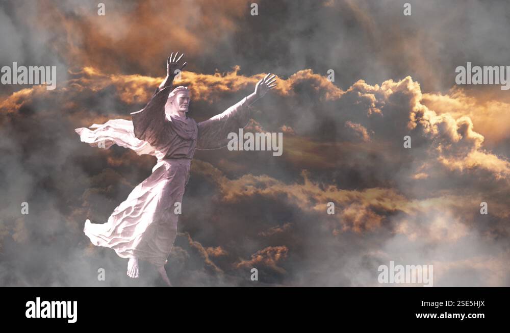 floating jesus statue against a backdrop of thunderstorms and lightning ...