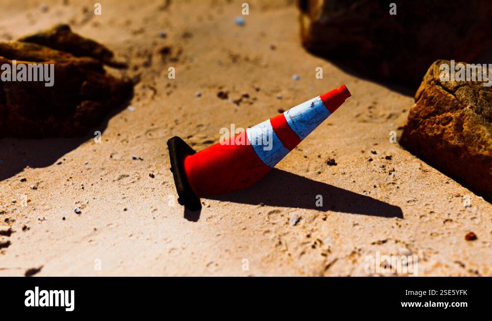 traffic safety cone at empty sand beach Stock Video Footage - Alamy