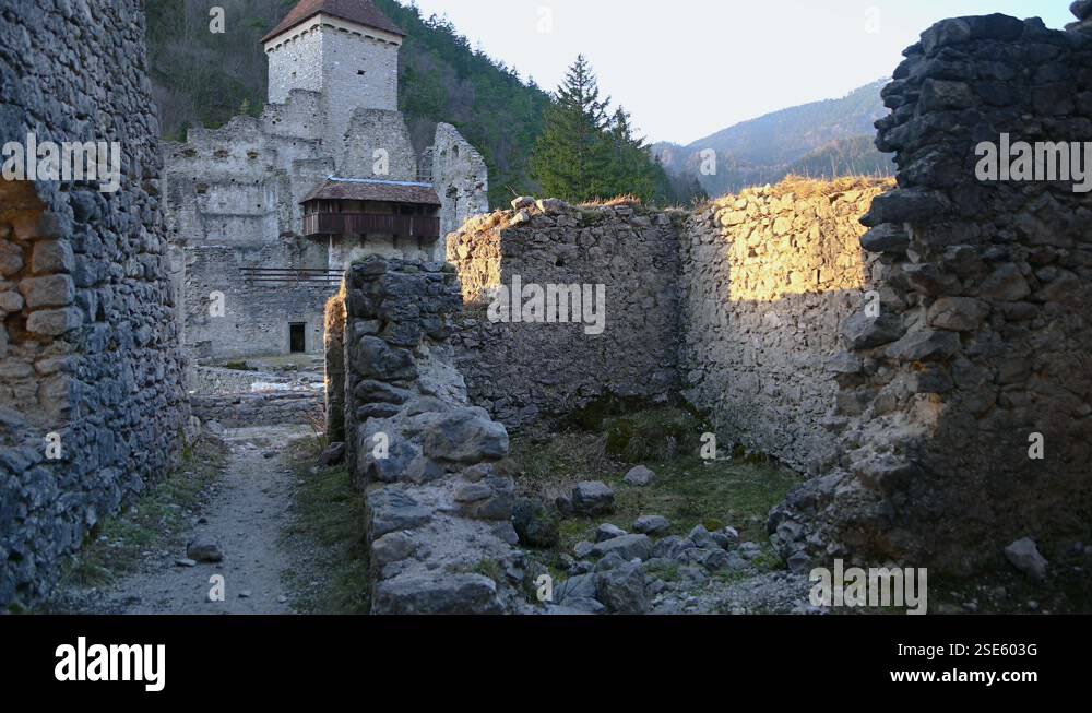 Decayed and collapsed defense thick walls in medieval castle Kamen in ...