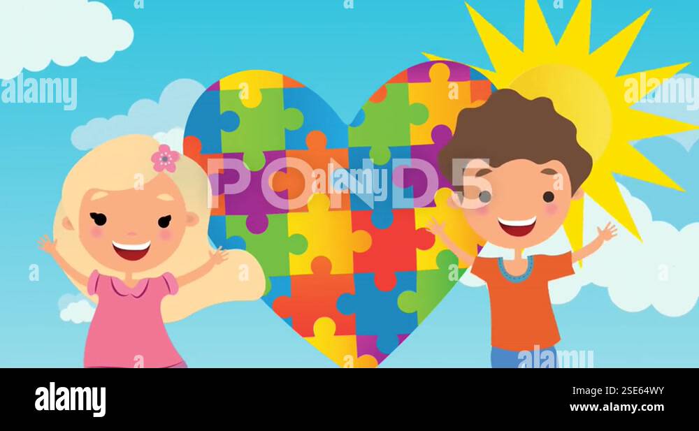 Animation of heart in autism awareness puzzles over girl and boy with ...