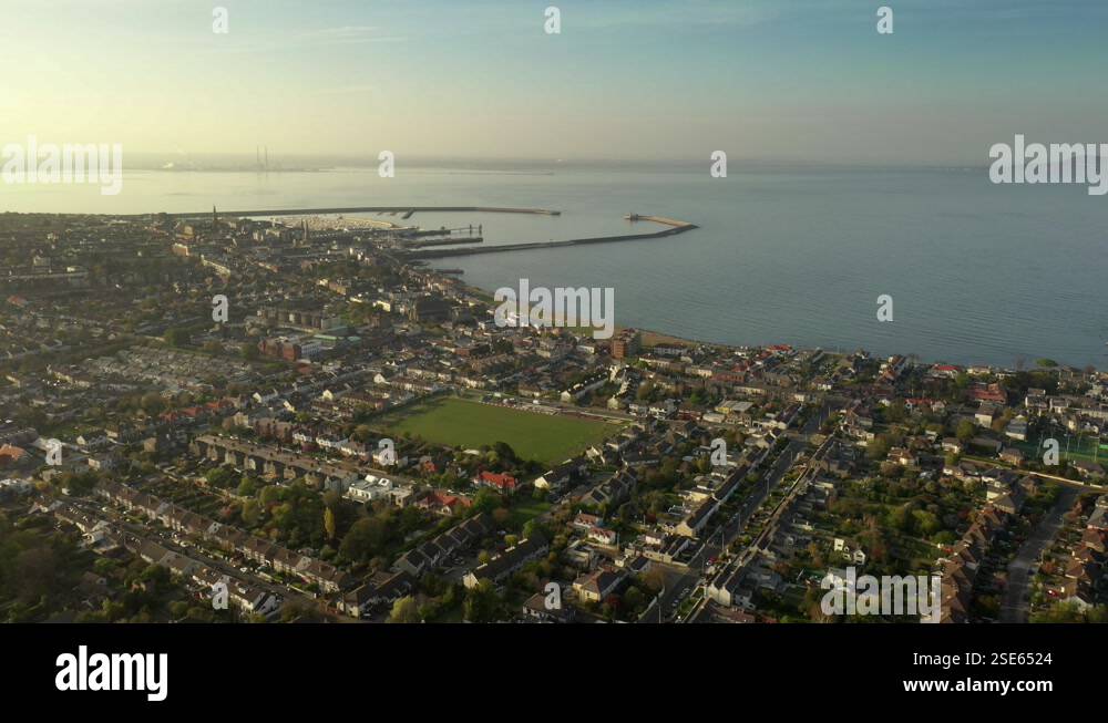 Dun Laoghaire Rathdown, Dublin, Ireland, April 2020. Drone flies over ...