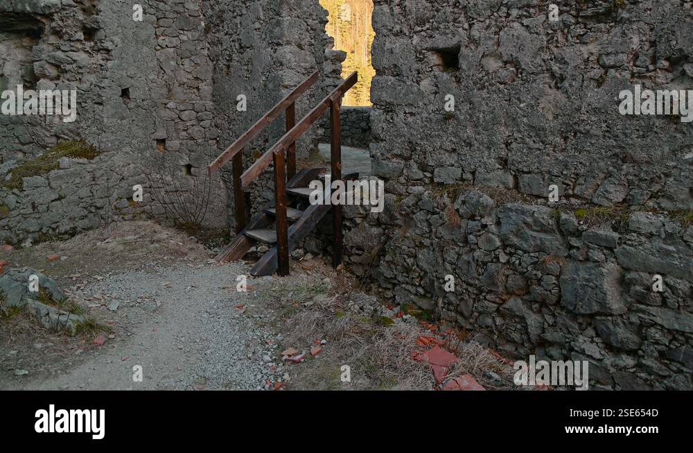 Decayed and collapsed defense thick walls in medieval castle Kamen in ...