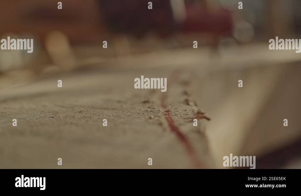 Artisan Marking Guidelines On Wood Piece With Red Ink In Ship Yard In ...