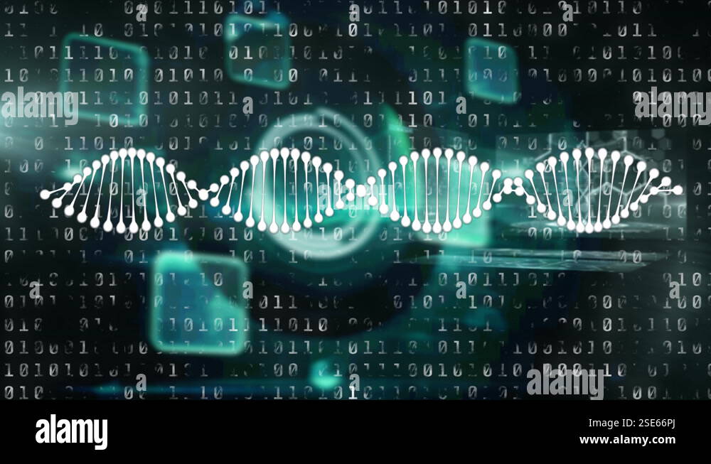 Dna structure spinning over screens on medical data processing against binary Stock Video ...