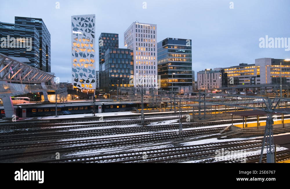 Night View Of Barcode District And Oslo Central Station In Downtown ...