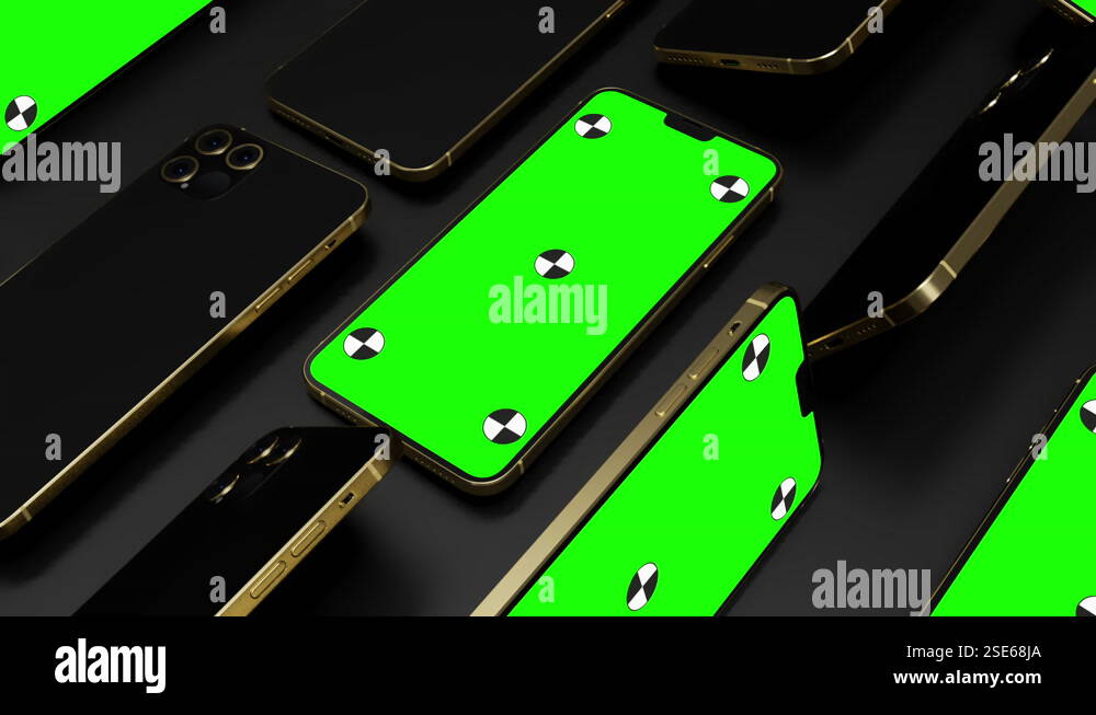 Mobile Phones With Green Screens. Mockup. 3D Animation. Chroma key ...