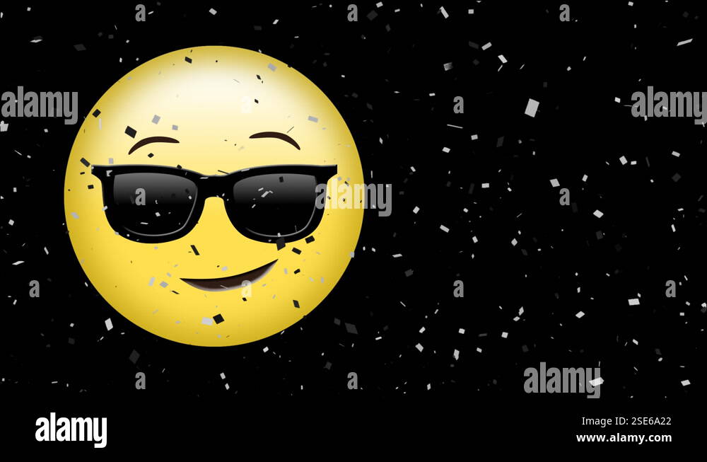 Animation of confetti falling over emoji with sunglasses on black ...