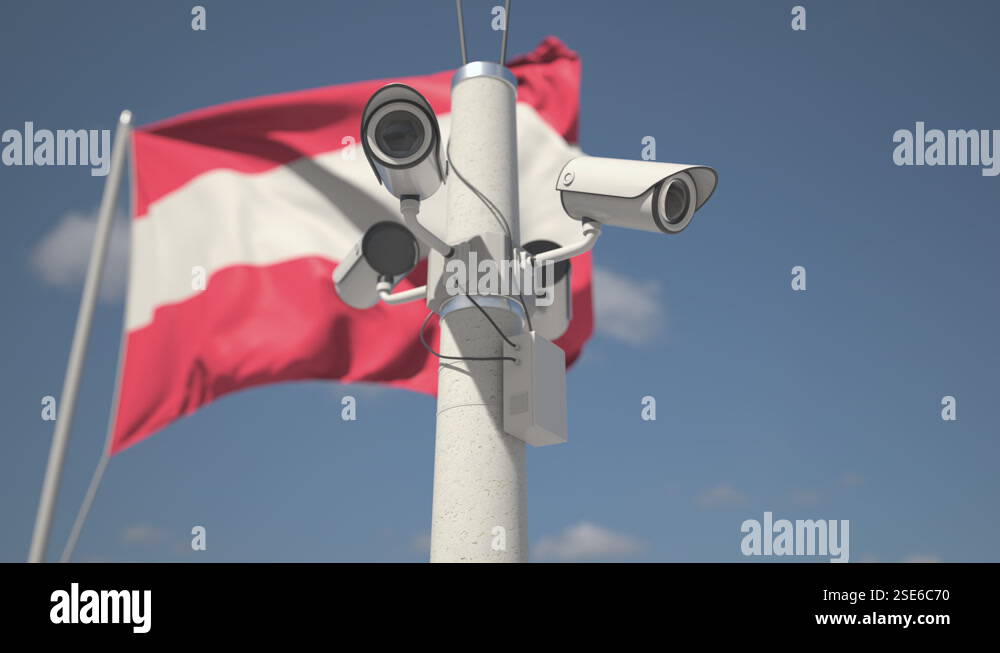 Waving flag of Austria and the security cameras on the pole. Looping 3d ...