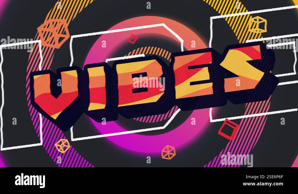 Animation of vibes text with shapes over pulsating circles in pink and ...
