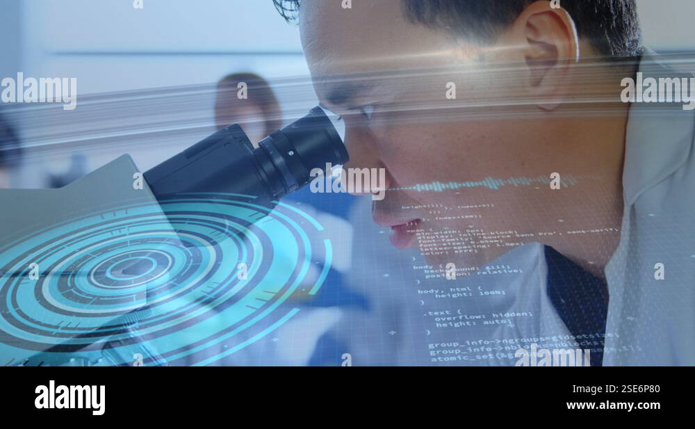Animation of scope scanning and data processing over scientist using microscope Stock Video ...