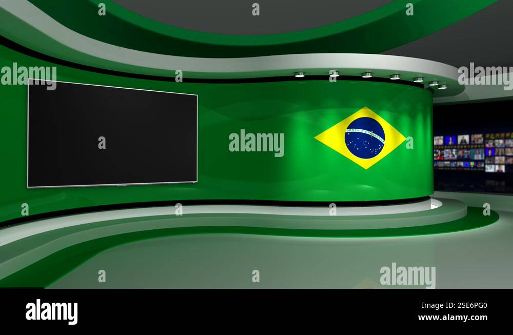 TV studio. Brazilian flag. News studio. Loop animation. 3d render. 3d ...