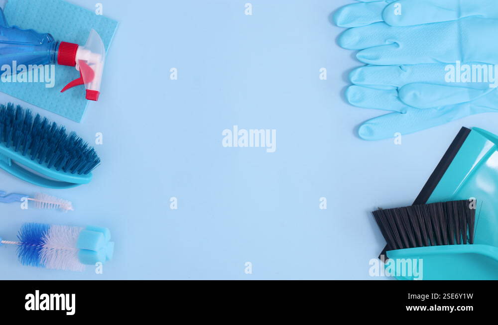 House cleaning tools and sanitary supplies move on left and right. Stop ...