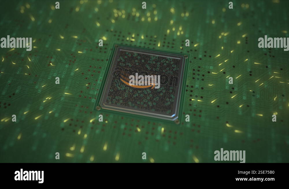 Computer chip with the logo of AMAZON. Conceptual editorial 3d ...