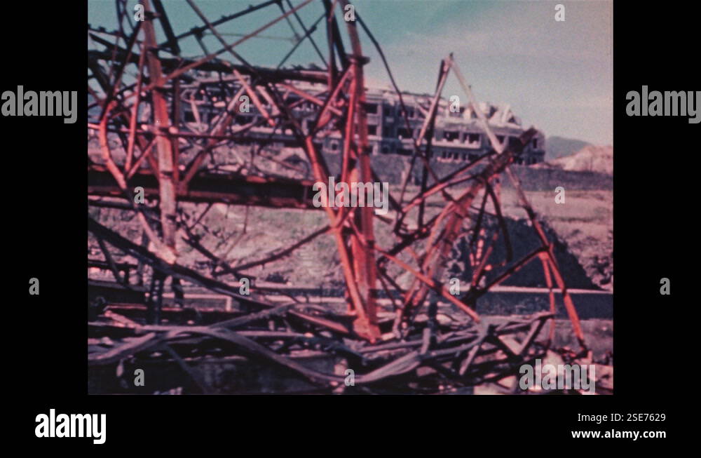 1940s Nagasaki: Destroyed building, collapsed steel frame, tower, pipes ...