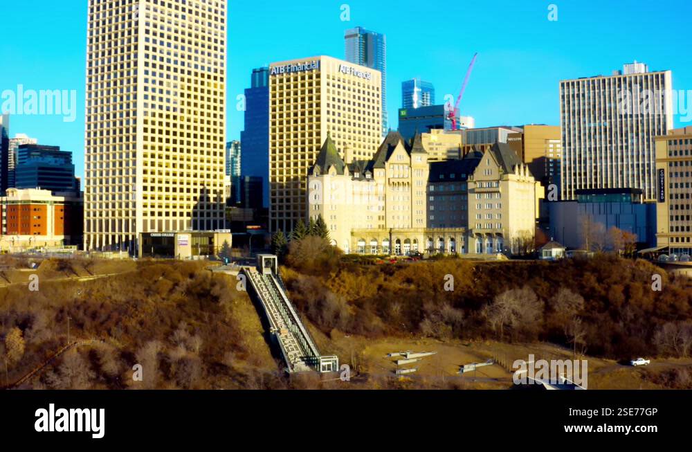 4k panaramic aerial side panview of downtown Edmontons river valley ...