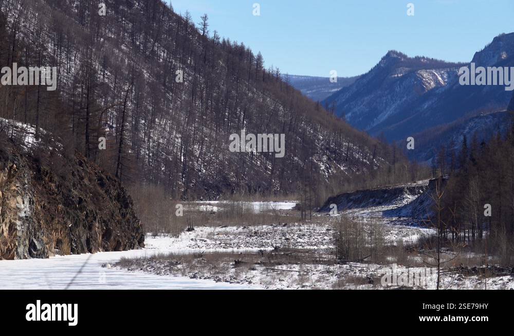 Valley among Sayan Mountains with Frozen Water Surface in Winter. Irkut ...