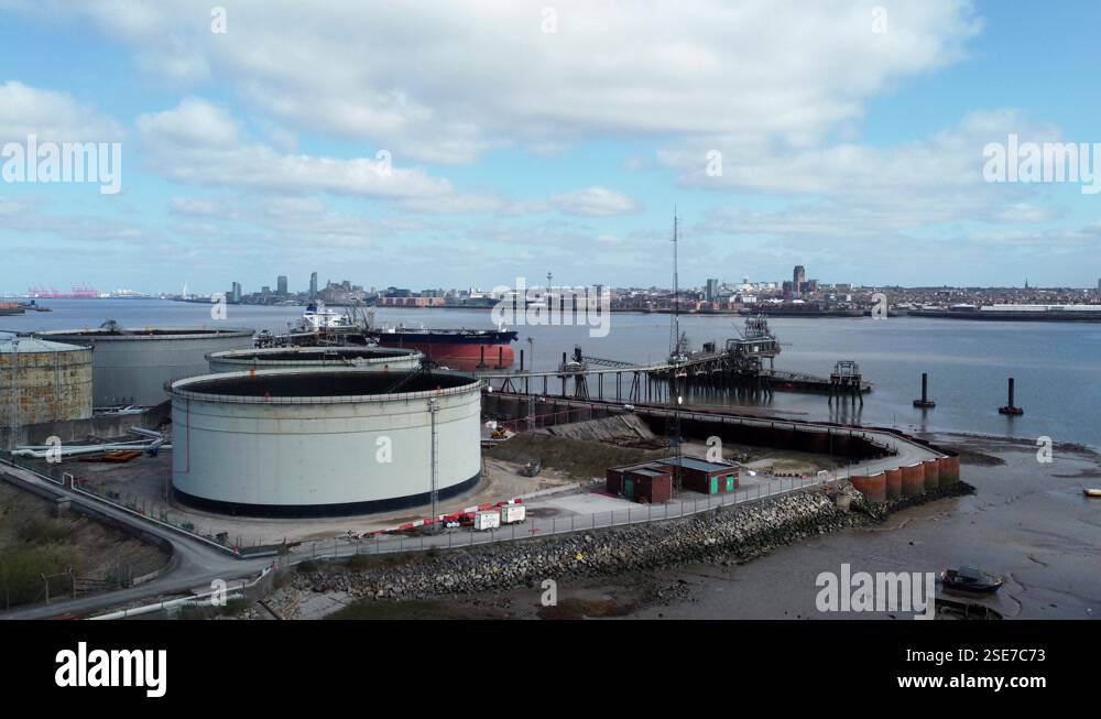 British industrial crude oil distribution pipeline terminal aerial ...