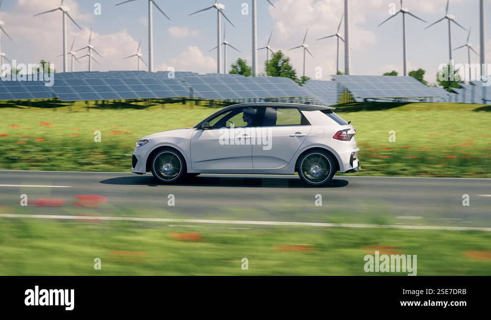 generic autonomous electric car driving through the green countryside ...
