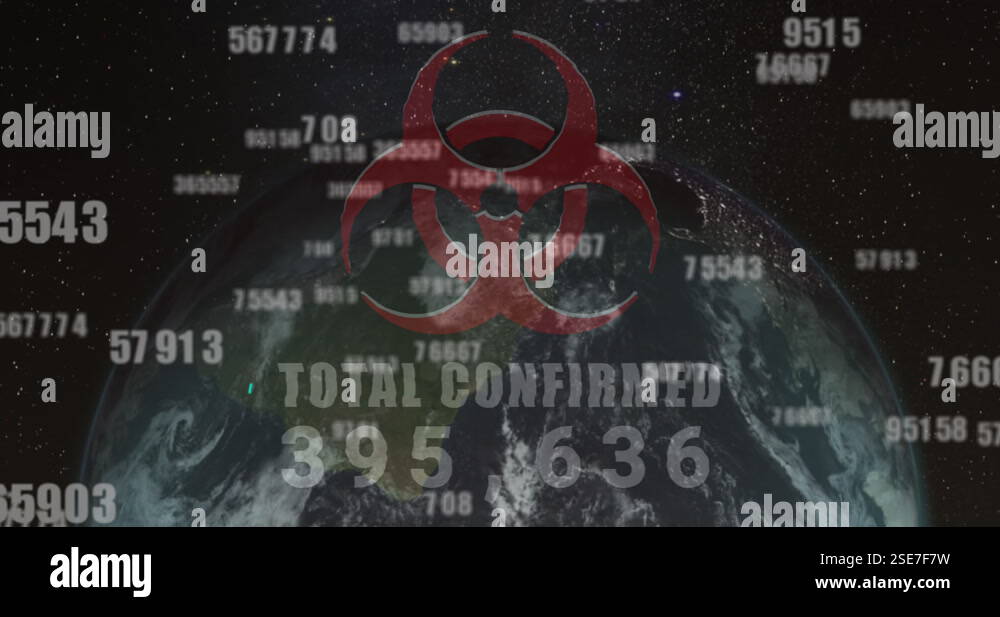 Multiple changing numbers over biohazard symbol with increasing cases ...