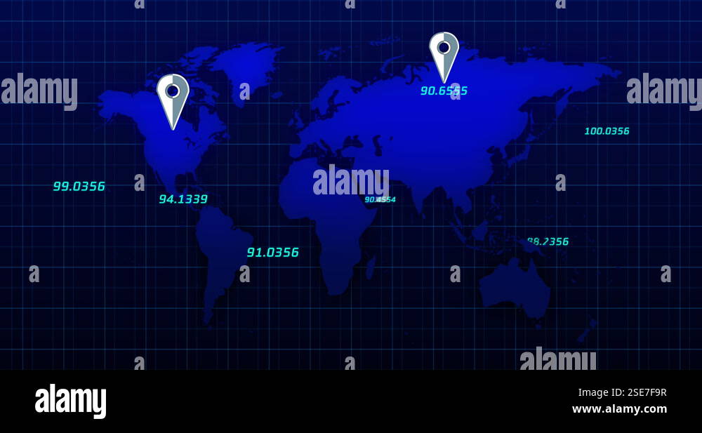 Digital animation of location pin icons and floating numbers against ...