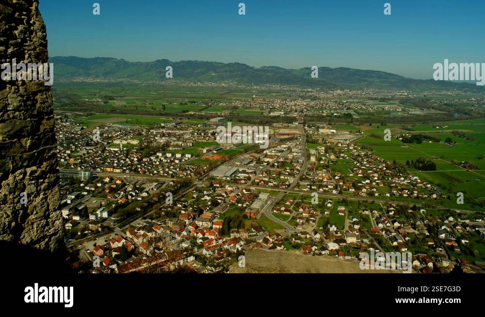 Wide view of hohenems town in Austria from above burgeuins castle Stock ...
