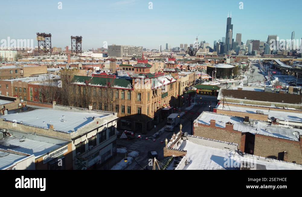An aerial drone view of Chicago Chinatown historic Pui Tak center Stock ...