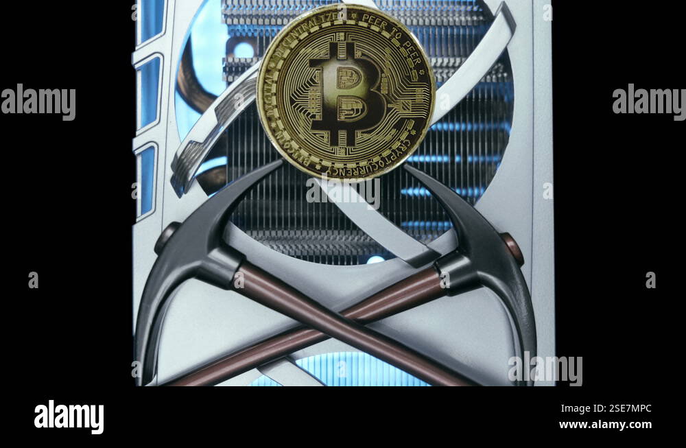 Cooling fans are spinning on the video card, Bitcoin coins shine in the ...