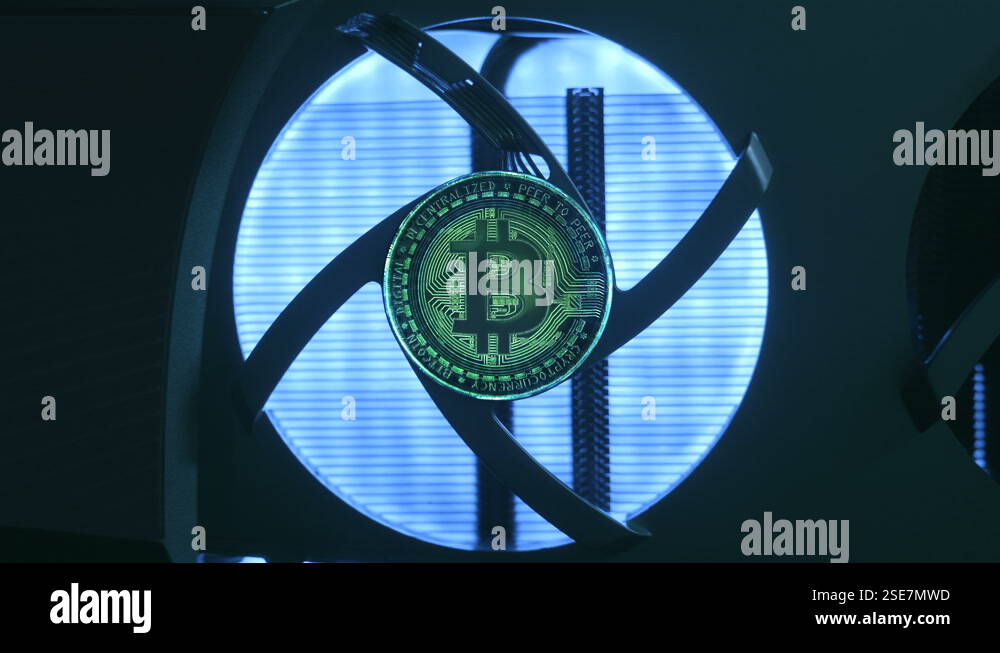 Cooling fans are spinning on the video card, Bitcoin coin is shine in ...