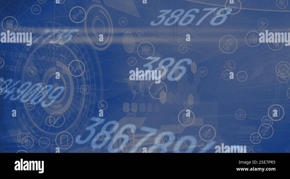 Animation of numbers changing and scope scanning over digital icons ...