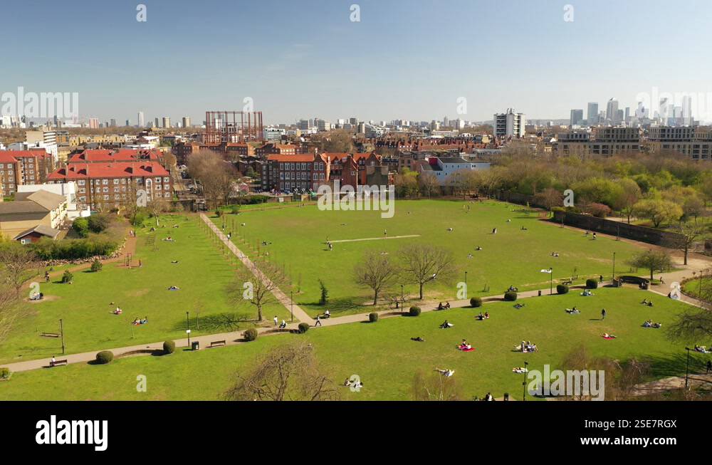 People sit and lie in grass and walk around at a park on a sunny day ...