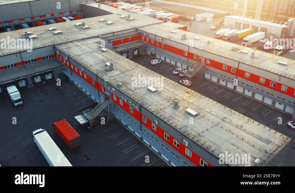Logistics park, loading hub with many semi-trailers trucks stand at ...