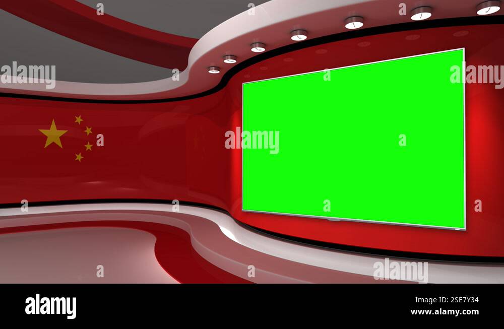 TV studio. Chinese flag background. News studio. Green screen. 3d ...