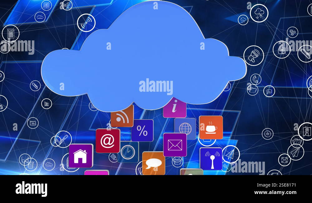 Animation of blue cloud with digital icons over screens on blue ...
