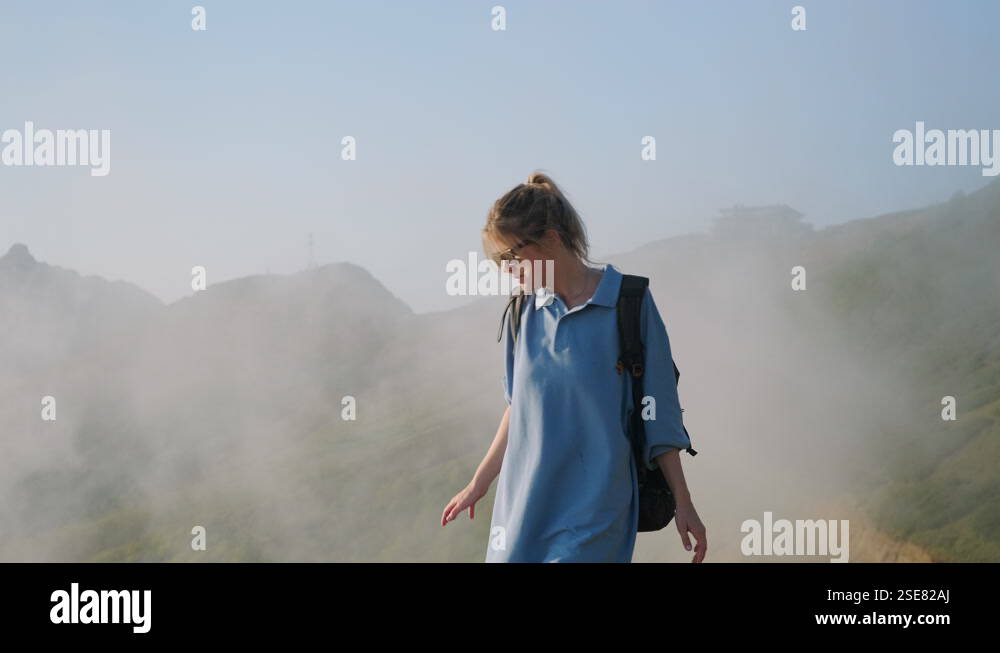 backpacking in highlands, teen girl is exploring top of mountain Stock ...