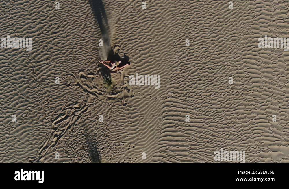 Top view on a young lady pouring sand out of her hands in the desert ...